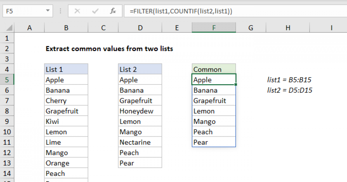 Extract Common Values From Two Lists Excel Formula Exceljet
